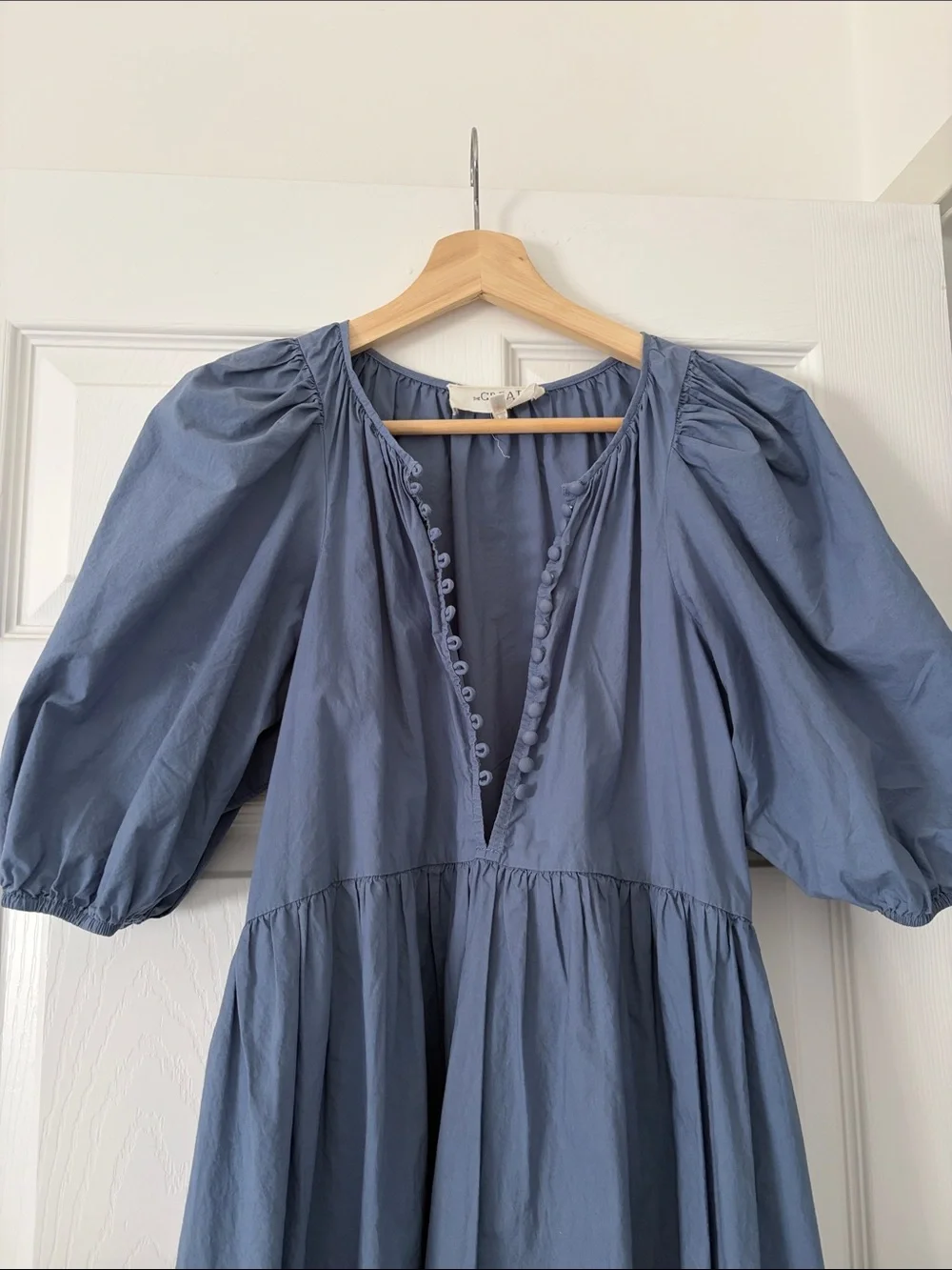 THE GREAT. | Dresses | The Great Dusty Blue Puffsleeve Button Front ...